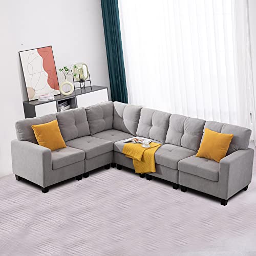 Convertible Sectional Sofa with Storage Ottoman 6 Seater L-Shaped Modular Modern Velvet Corner Couch for Living Room Apartment Office (Light Grey