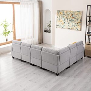 Convertible Sectional Sofa with Storage Ottoman 6 Seater L-Shaped Modular Modern Velvet Corner Couch for Living Room Apartment Office (Light Grey