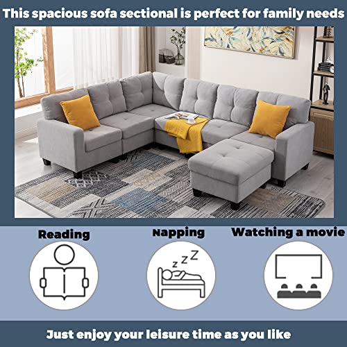 Convertible Sectional Sofa with Storage Ottoman 6 Seater L-Shaped Modular Modern Velvet Corner Couch for Living Room Apartment Office (Light Grey