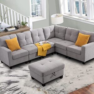 Convertible Sectional Sofa with Storage Ottoman 6 Seater L-Shaped Modular Modern Velvet Corner Couch for Living Room Apartment Office (Light Grey