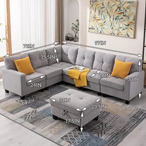 Convertible Sectional Sofa with Storage Ottoman 6 Seater L-Shaped Modular Modern Velvet Corner Couch for Living Room Apartment Office (Light Grey