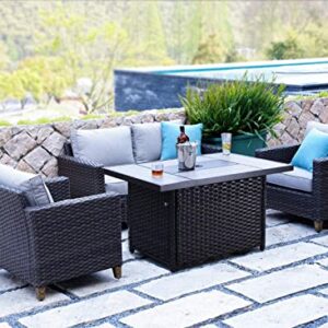 Grand patio Sofa Sets 5 Pieces Conversation Set with Fire Pit Table, Luxury Heavy Duty Wicker Patio Furniture Sectional Sofa with Thick Cushions (Brown Set with Fire Pit, 5 PCS)