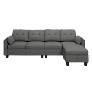 HONBAY Reversible Sectional Sofa L-Shape Sofa Convertible Couch 4-Seater Sofas Sectional for Apartment Dark Grey