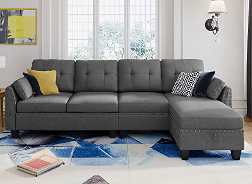 HONBAY Reversible Sectional Sofa L-Shape Sofa Convertible Couch 4-Seater Sofas Sectional for Apartment Dark Grey