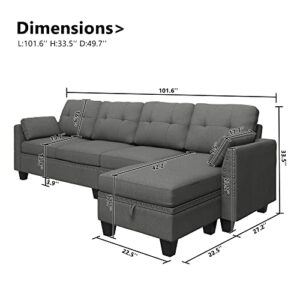 HONBAY Reversible Sectional Sofa L-Shape Sofa Convertible Couch 4-Seater Sofas Sectional for Apartment Dark Grey