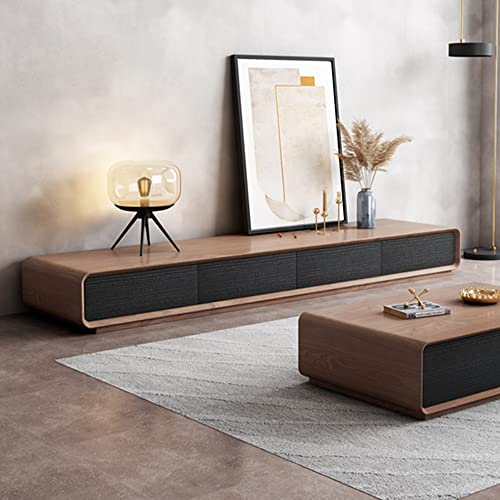 POVISON Modern TV Stand, Media Console with 4 Drawers, Soild Wood Entertainment Center for Up to 75 Inch TV, Fully-Assembled, Black & Walnut Veneer, 78.74"