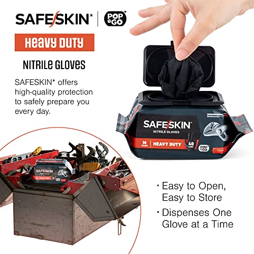 SAFESKIN* Nitrile Exam Disposable Gloves in POP-N-GO* Pack, Heavy Duty, Size X-Large, Powder-Free, Black - For Household Plumbing, Gardening, Painting - Exam Gloves, 40 Count