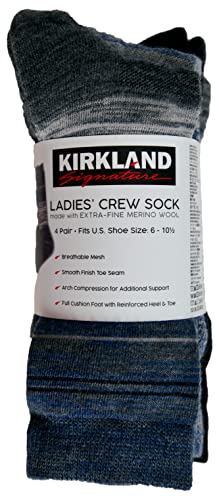 Kirkland Signature Ladies' Crew Socks Extra-Fine Merino Wool, Blue, 4 Pairs