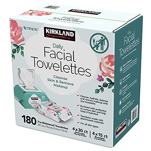 Kirkland Daily Facial Towelettes, 180 CT | 180 Pre-Moistened Towelettes | Hypoallergenic | Alcohol-Free | 4 x 30ct Reclosable Flip-top Packs | 4 x 15ct Resealable Travel Packs