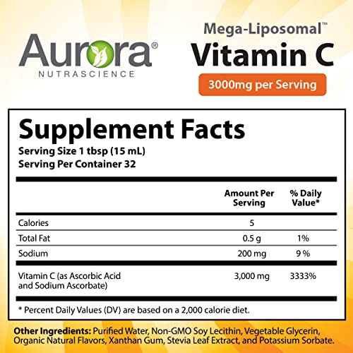 Aurora Nutrascience, Mega- Liposomal Vitamin C, 3,000 mg per Serving, Gluten Free, Non-GMO, Sugar Free, High Absorption, Fat Soluble Vitamin C, Immune System Support, 16 oz (480 mL)