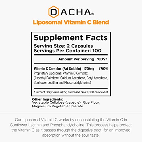 DACHA Natural Liposomal Vitamin C - 1700mg, 200 Capsules, Immune System & Collagen Booster, High Absorption Fat Soluble VIT C, Buffered, Skin Vitamins, Sunflower Lecithin