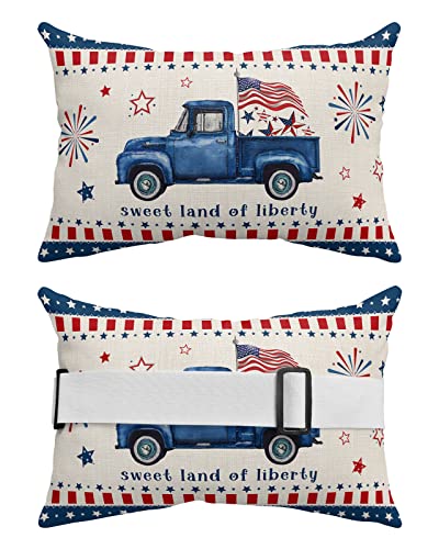 Recliner Head Pillow Ledge Loungers Chair Pillows with Insert 4th of July Truck Red and Blu Patriotic Retro Lumbar Pillow with Adjustable Strap Outdoor Waterproof Patio Pillows for Beach Pool, 2 PCS