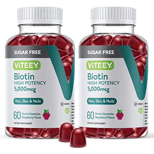 Sugar Free Biotin Gummies 5,000mcg - for Healthy Hair Growth, Healthy Skin Glow, & Strong Healthy Nail Growth for Women, Men, & Teens -Vegan, Non GMO, Gluten Free -Chewable Raspberry Flavored Gummies