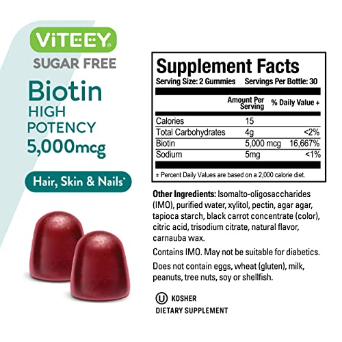 Sugar Free Biotin Gummies 5,000mcg - for Healthy Hair Growth, Healthy Skin Glow, & Strong Healthy Nail Growth for Women, Men, & Teens -Vegan, Non GMO, Gluten Free -Chewable Raspberry Flavored Gummies