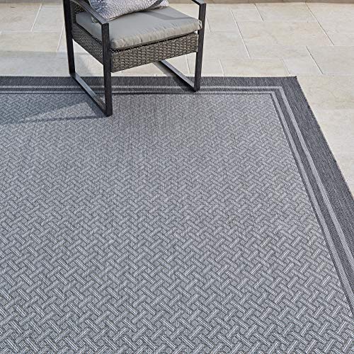 Gertmenian Indoor Outdoor Area Rug, Classic Flatweave, Washable, Stain & UV Resistant Carpet, Deck, Patio, Poolside & Mudroom, 9x13 Ft Extra Large, Simple Border, Silver Gray, 21978