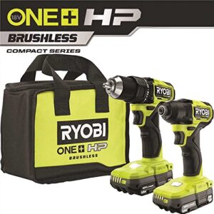 ryobi one+ hp 18v brushless cordless compact 1/2 in. drill and impact driver kit with (2) 1.5 ah batteries, charger and bag