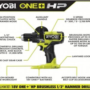 RYOBI ONE+ HP 18V Brushless Cordless 1/2 in. Hammer Drill Kit with (2) 2.0 Ah Batteries, Charger, and Bag (PBLHM101K2)