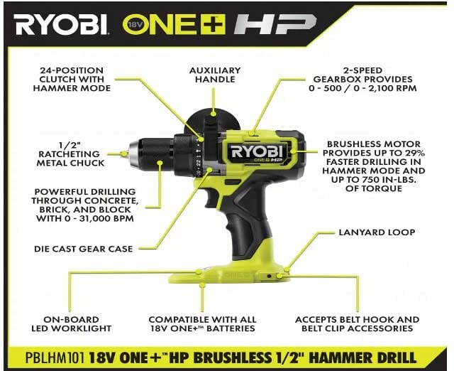 RYOBI ONE+ HP 18V Brushless Cordless 1/2 in. Hammer Drill Kit with (2) 2.0 Ah Batteries, Charger, and Bag (PBLHM101K2)