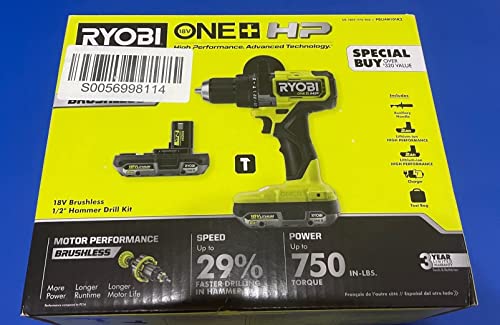 RYOBI ONE+ HP 18V Brushless Cordless 1/2 in. Hammer Drill Kit with (2) 2.0 Ah Batteries, Charger, and Bag (PBLHM101K2)