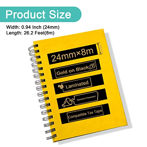 NineLeaf 5 Pack Compatible for Brother TZe354 TZe-354 TZ-354 TZ354 Label Tape Gold on Black Standard Laminated Tapes 24mm Work with P-Touch PT-D600 P710BT 1500 1600 Label Maker 1 Inch x 26.2 Feet