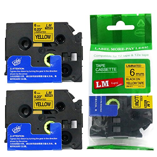 2/Pack LM Tapes - LMe-611 Premium 1/4" Black Print on Yellow Label Compatible with Brother TZe-611 P-Touch Tape TZe611 Includes a Tape Color/Size Guide. Replaces TZ611 6mm 0.23 Laminated