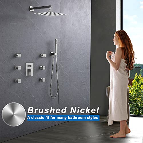 (Updated) Enga High Pressure Shower Body Spray System with 12inch Rainfall Shower and Hand Held Combo Bathroom Faucet Complete Set, Brushed Nickel