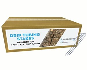 sandbaggy drip tubing stakes landscape staples | 5 inch length | drip anchors | landscape pins | lawn nails | garden stakes | designed to hold drip tubing up to 1/4″ diameter | pack of 100