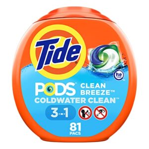 tide pods laundry detergent soap pods, high efficiency (he), clean breeze, 81 count