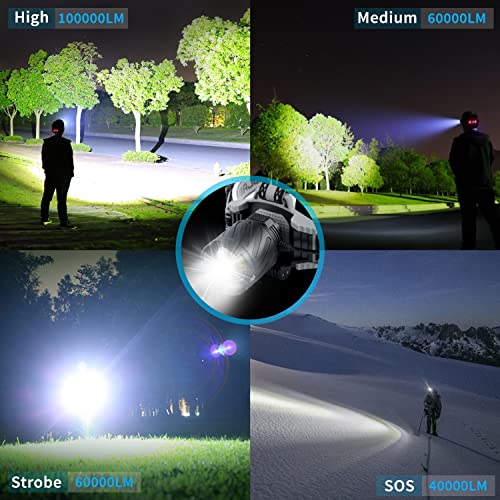 Headlamp Rechargeable for Adults 100000 Lumens, XHP99 Bright Head Lamps Outdoor Led Headlight - 4 Modes, 270° Adjustable, Red-Blue Warn Light, Digital Power Displayer, Zoomable Mutifunction Headlamps