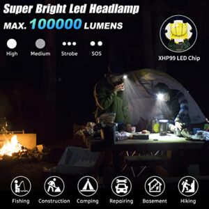 Headlamp Rechargeable for Adults 100000 Lumens, XHP99 Bright Head Lamps Outdoor Led Headlight - 4 Modes, 270° Adjustable, Red-Blue Warn Light, Digital Power Displayer, Zoomable Mutifunction Headlamps