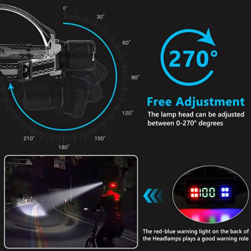 Headlamp Rechargeable for Adults 100000 Lumens, XHP99 Bright Head Lamps Outdoor Led Headlight - 4 Modes, 270° Adjustable, Red-Blue Warn Light, Digital Power Displayer, Zoomable Mutifunction Headlamps