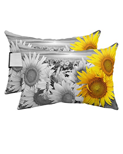 Recliner Head Pillow Ledge Loungers Chair Pillows with Insert 2 Yellow Sunflowers Black and White Background Lumbar Pillow with Adjustable Strap Outdoor Waterproof Patio Pillows for Beach Pool, 2 PCS