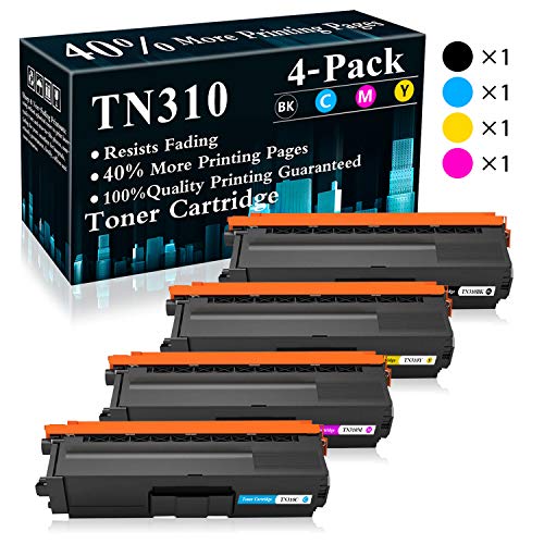 4-Pack (BK/C/M/Y) Cartridge TN310 Black,Cyan,Yellow,Magenta Toner Cartridge Replacemnet for Brother HL-4150CDN 4140CW 4570CDW 4570CDWT MFC-9640CDN 9650CDW 9970CDW Printer,Sold by TopInk