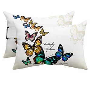 Recliner Head Pillow Ledge Loungers Chair Pillows with Insert Colorful Butterfly Retro Animals Lumbar Pillow with Adjustable Strap Outdoor Waterproof Patio Pillows for Beach Pool Chair, 2 PCS