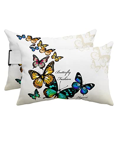 Recliner Head Pillow Ledge Loungers Chair Pillows with Insert Colorful Butterfly Retro Animals Lumbar Pillow with Adjustable Strap Outdoor Waterproof Patio Pillows for Beach Pool Chair, 2 PCS