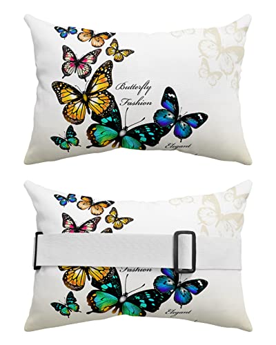 Recliner Head Pillow Ledge Loungers Chair Pillows with Insert Colorful Butterfly Retro Animals Lumbar Pillow with Adjustable Strap Outdoor Waterproof Patio Pillows for Beach Pool Chair, 2 PCS