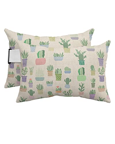 Recliner Head Pillow Ledge Loungers Chair Pillows with Insert Summer Cactus Succulents Green Plants Linen Style Lumbar Pillow with Adjustable Strap Patio Garden Cushion for Sofa Bench Couch, 2 PCS