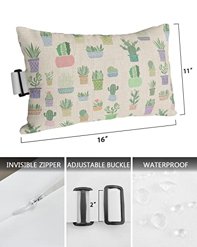 Recliner Head Pillow Ledge Loungers Chair Pillows with Insert Summer Cactus Succulents Green Plants Linen Style Lumbar Pillow with Adjustable Strap Patio Garden Cushion for Sofa Bench Couch, 2 PCS