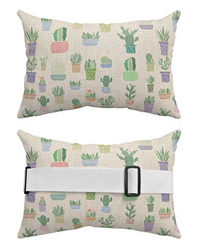 Recliner Head Pillow Ledge Loungers Chair Pillows with Insert Summer Cactus Succulents Green Plants Linen Style Lumbar Pillow with Adjustable Strap Patio Garden Cushion for Sofa Bench Couch, 2 PCS