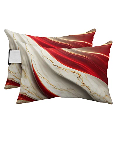 Recliner Head Pillow Ledge Loungers Chair Pillows with Insert Marble Red Golden Abstract Art Texture Lumbar Pillow with Adjustable Strap Outdoor Waterproof Patio Pillows for Beach Pool Chair, 2 PCS