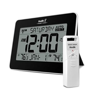 hodik atomic clock with indoor outdoor temperature wireless, large 11.4 inch lcd display for easy reading, self-setting battery powered table clock or wall clock with high precision sensor