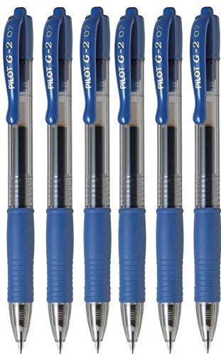 PILOT Pen 2605 G2 07 Gel Ink Pen 0.7 mm 0.38 mm Tip 0.38 mm Line Width 0.38 mm Refillable BL-G2-7 Pack of 6 Blue