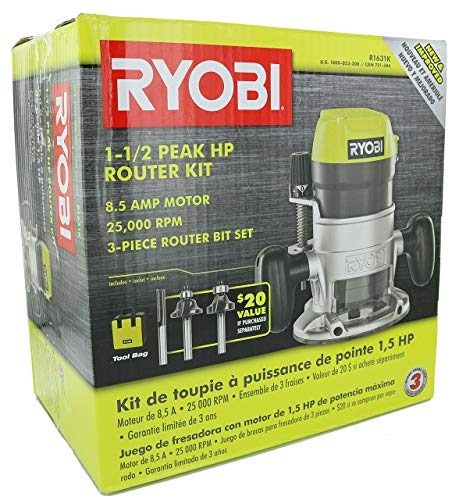 Ryobi R1631K 1-1/2 Peak HP 8.5 Amp LED Lit Corded Router Including 3 Piece Bit Set (w/ Tool Bag)