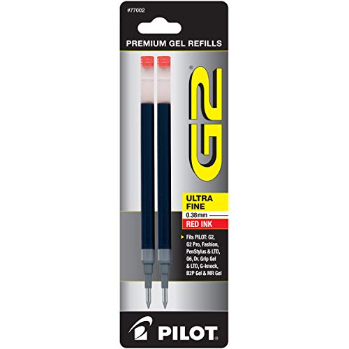 PILOT G2 Gel Ink Refills For Rolling Ball Pens, Ultra Fine Point, Red Ink, 2-Pack (77002)