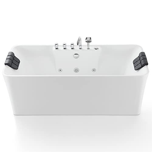 Empava 59-Inch Freestanding Whirlpool Bathtub Rectangular with 8 Hydromassage Adjustable Water Jets Luxury Acrylic Massage SPA Soaking Bath Tub Double Ended , White