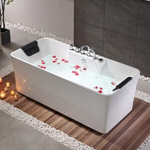 Empava 59-Inch Freestanding Whirlpool Bathtub Rectangular with 8 Hydromassage Adjustable Water Jets Luxury Acrylic Massage SPA Soaking Bath Tub Double Ended , White