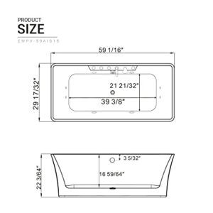 Empava 59-Inch Freestanding Whirlpool Bathtub Rectangular with 8 Hydromassage Adjustable Water Jets Luxury Acrylic Massage SPA Soaking Bath Tub Double Ended , White