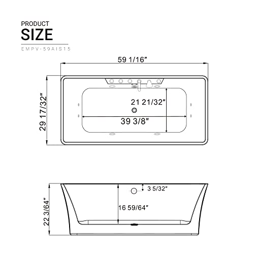 Empava 59-Inch Freestanding Whirlpool Bathtub Rectangular with 8 Hydromassage Adjustable Water Jets Luxury Acrylic Massage SPA Soaking Bath Tub Double Ended , White