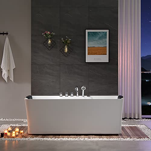 Empava 59-Inch Freestanding Whirlpool Bathtub Rectangular with 8 Hydromassage Adjustable Water Jets Luxury Acrylic Massage SPA Soaking Bath Tub Double Ended , White