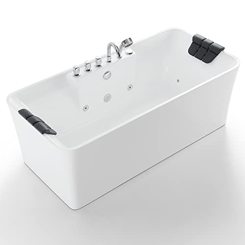 Empava 59-Inch Freestanding Whirlpool Bathtub Rectangular with 8 Hydromassage Adjustable Water Jets Luxury Acrylic Massage SPA Soaking Bath Tub Double Ended , White